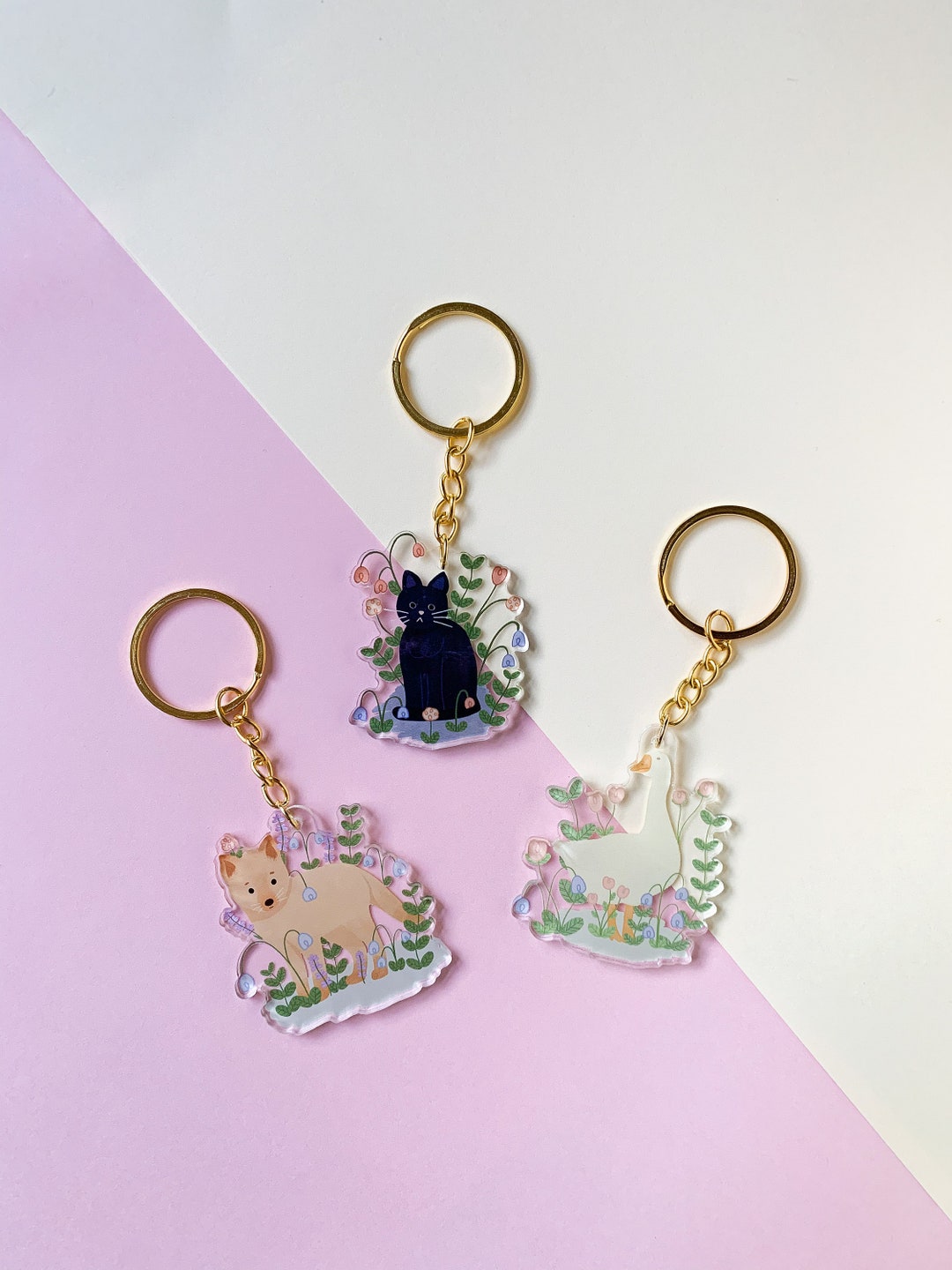 Floral Animal Acrylic Keychains - Fox, Cat, and Goose - Adorable ...