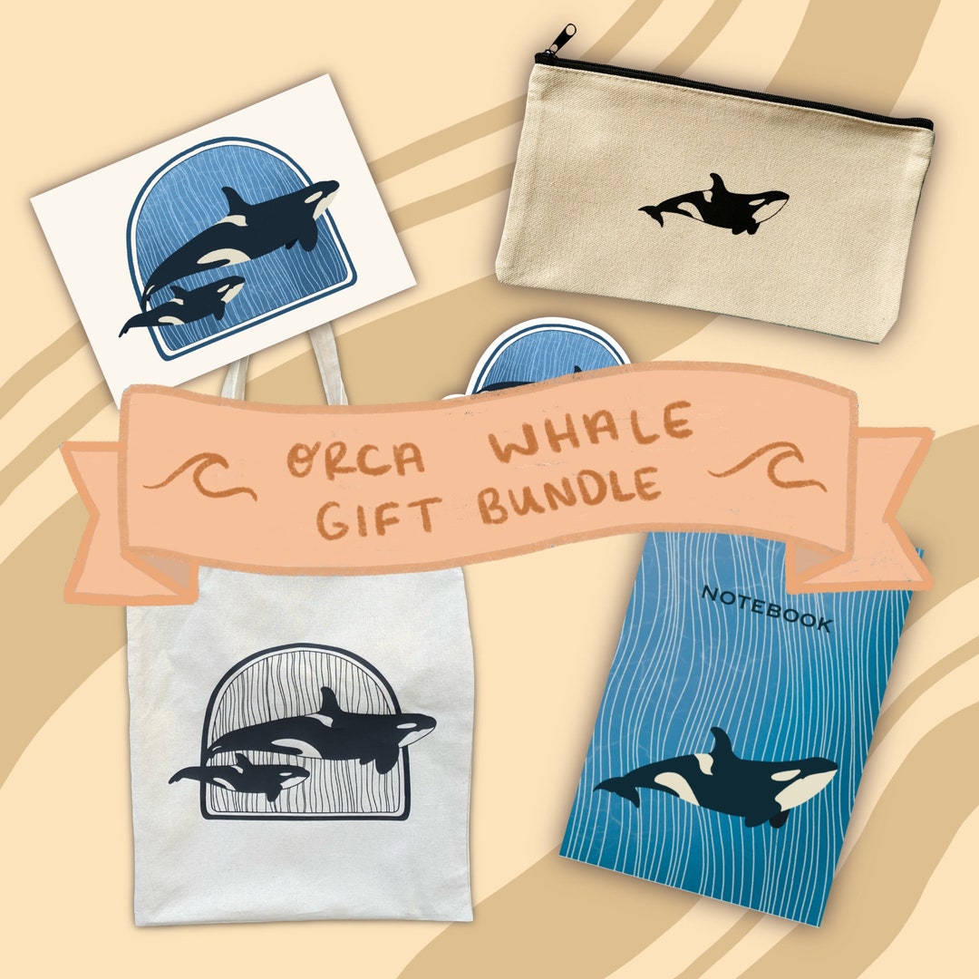 Orca Whale Gift Bundle - Tote Bag, Small Pouch, Sticker, Print, and ...