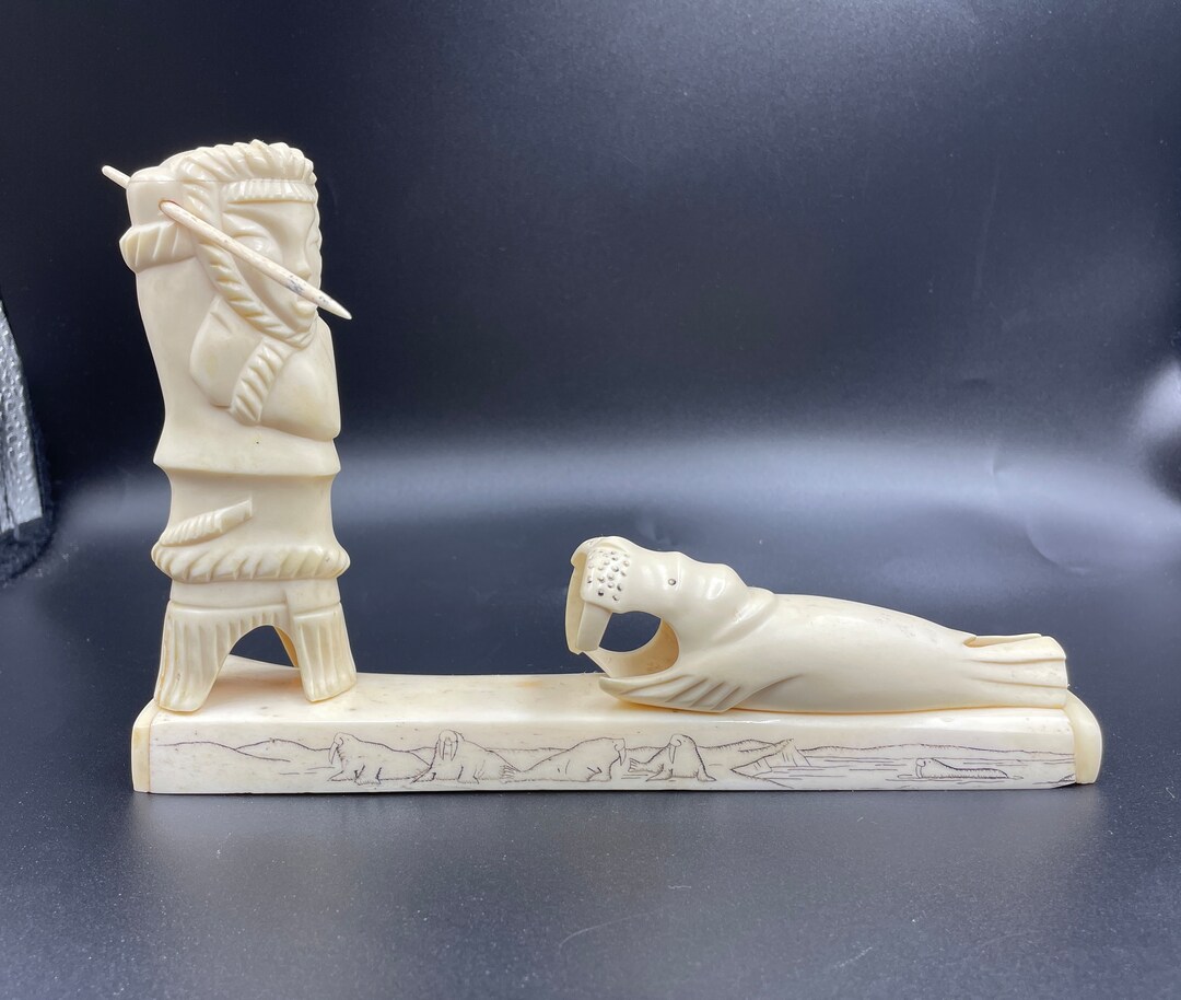 Inuit Vintage Sculpture: Handmade Collectible Eskimo Scene on Pedestal ...