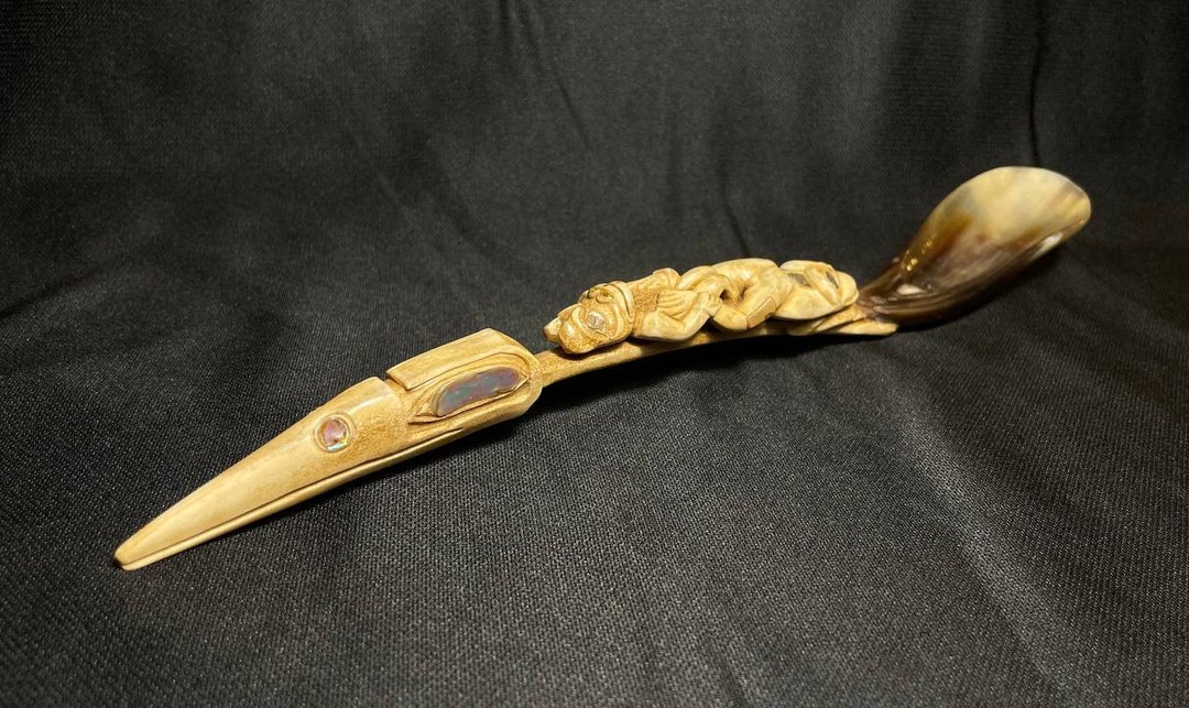 First Nations Tlingit Carved Spoon, Totem With Raven, Frog, Shaman ...