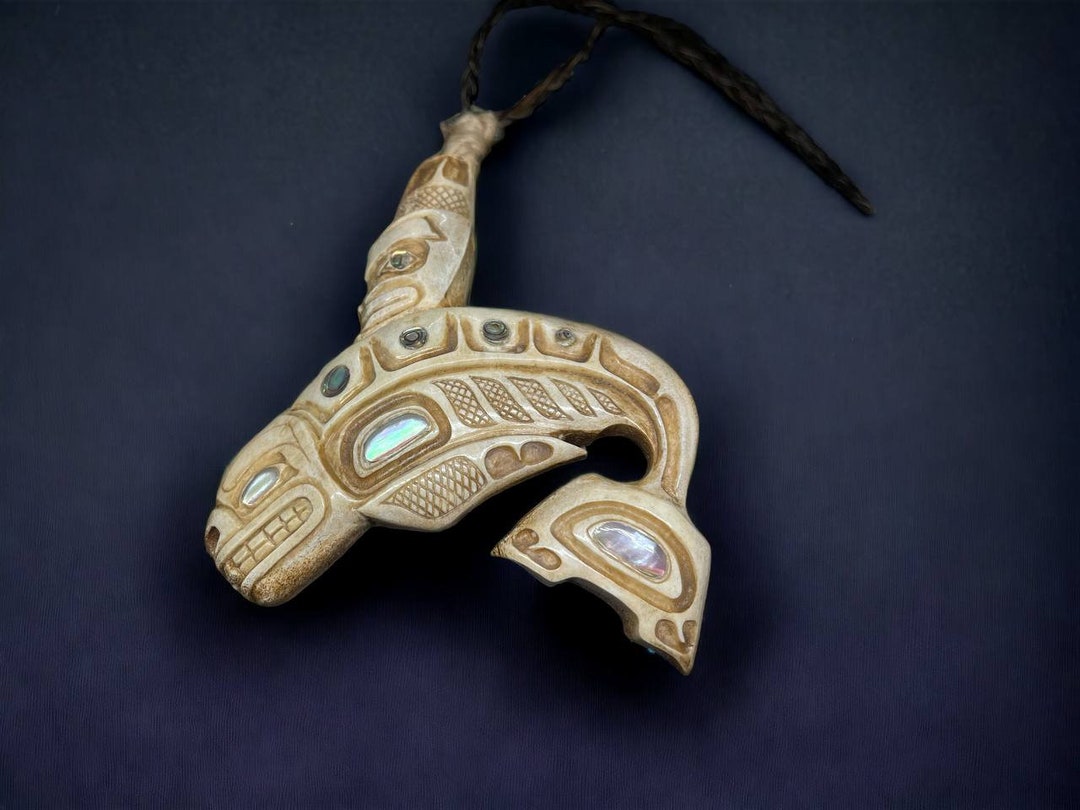 Inuit Hand Made Carved Shaman Sharm Ritual Pendant, Orca Brother Print ...