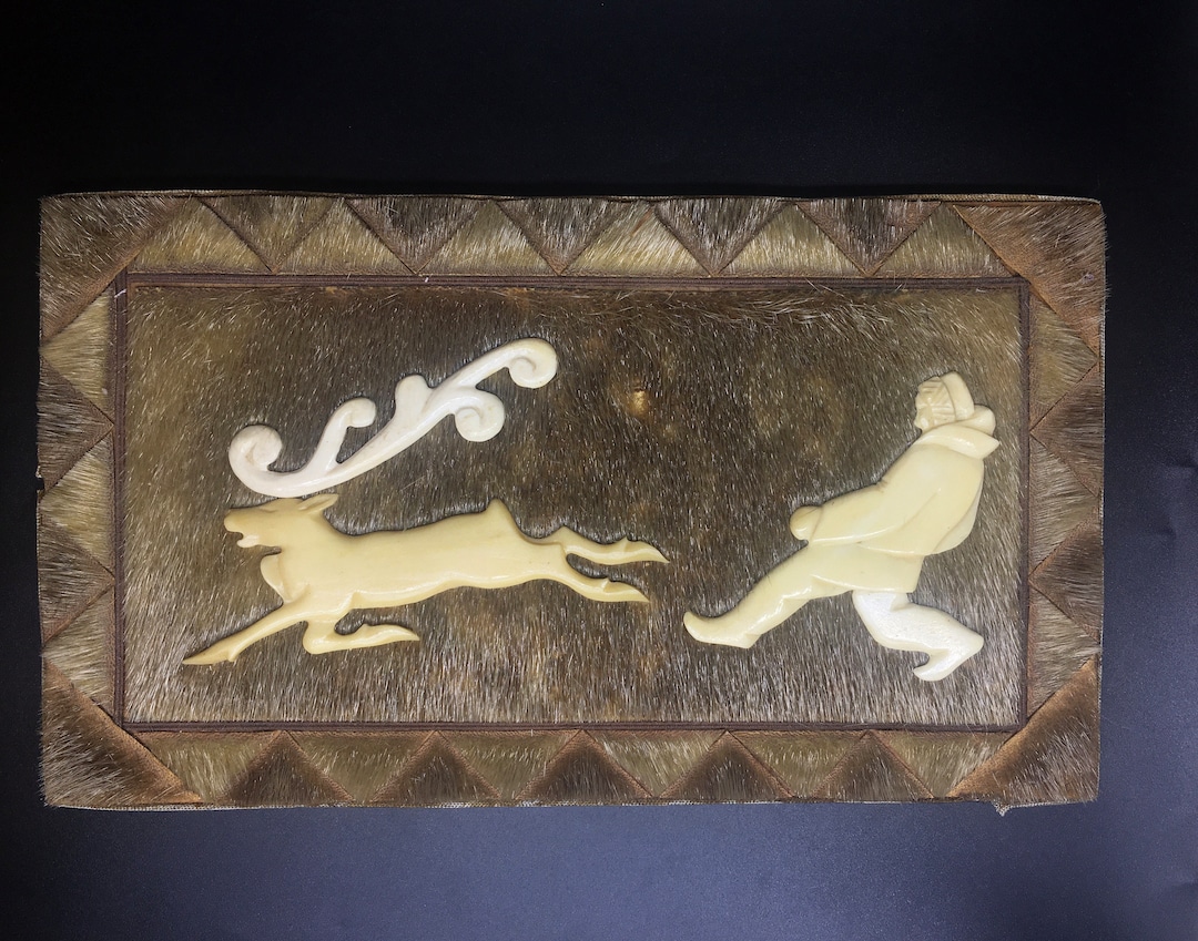 Traditional Hand Carved Eskimo Panel: Inuit Hunter Scene, Chukchi ...