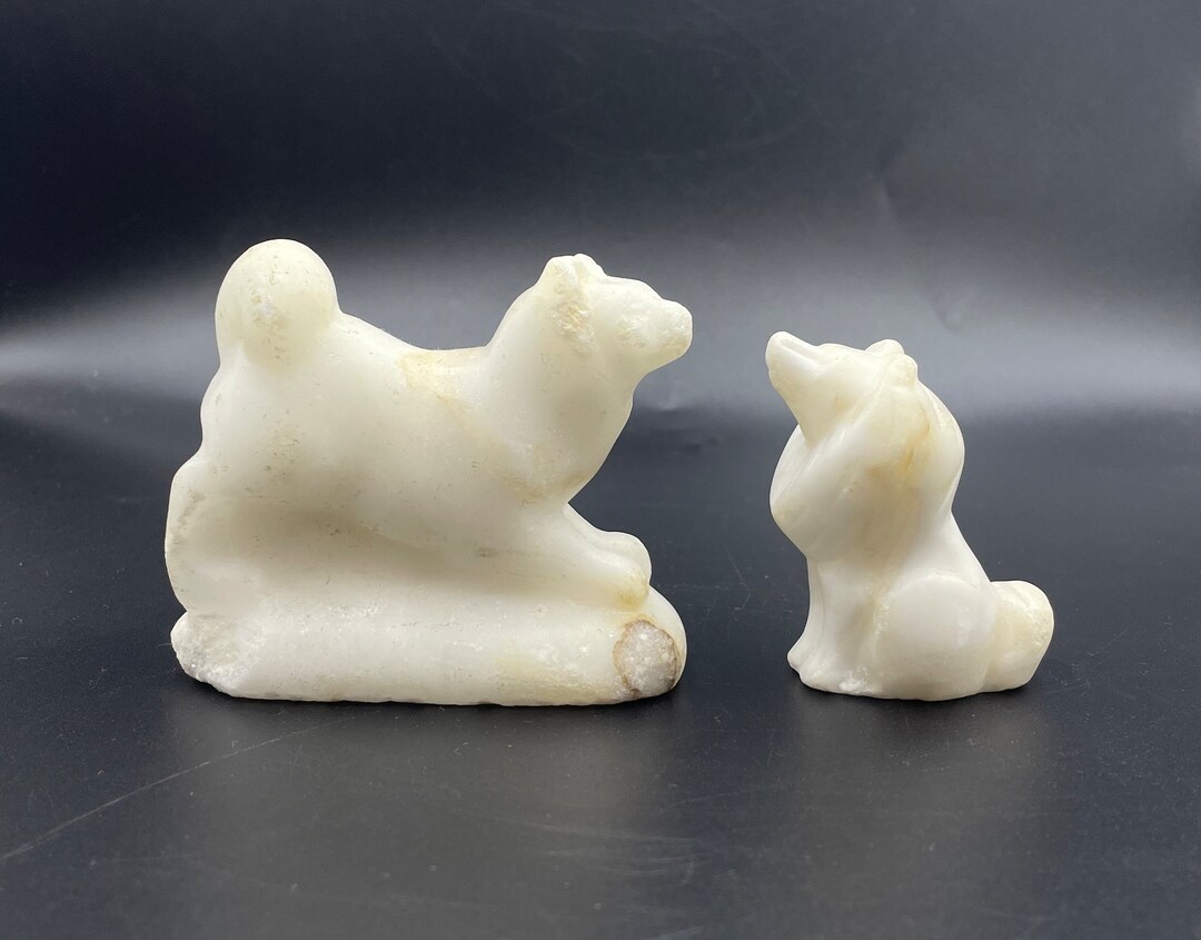 Pair of White Marble Inuit Dog Sculptures: Hand-carved Figurines ...