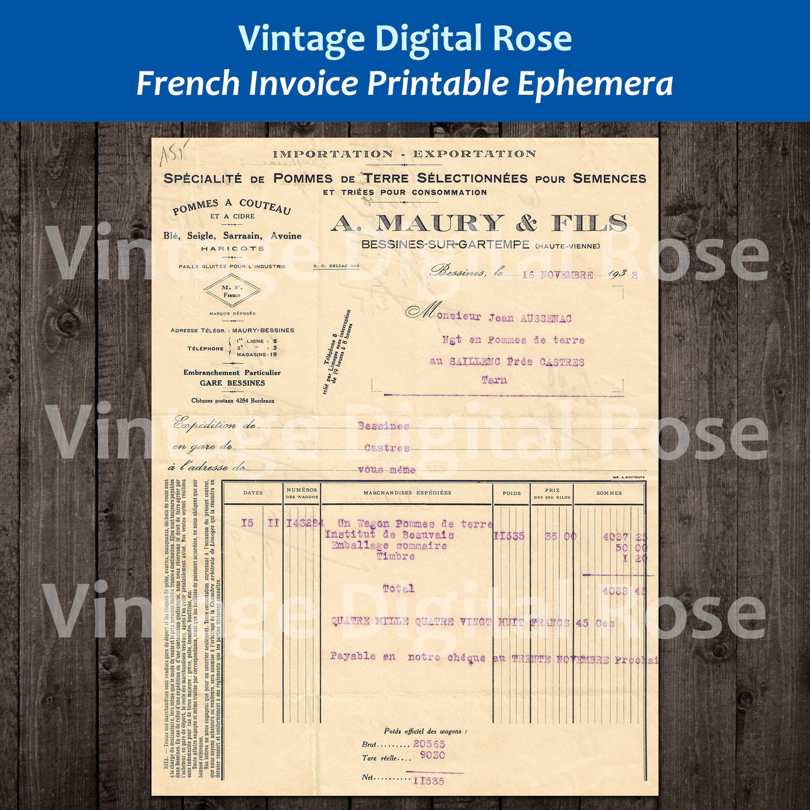Vintage French Invoice Dated 1932 Printable Ephemera - Etsy