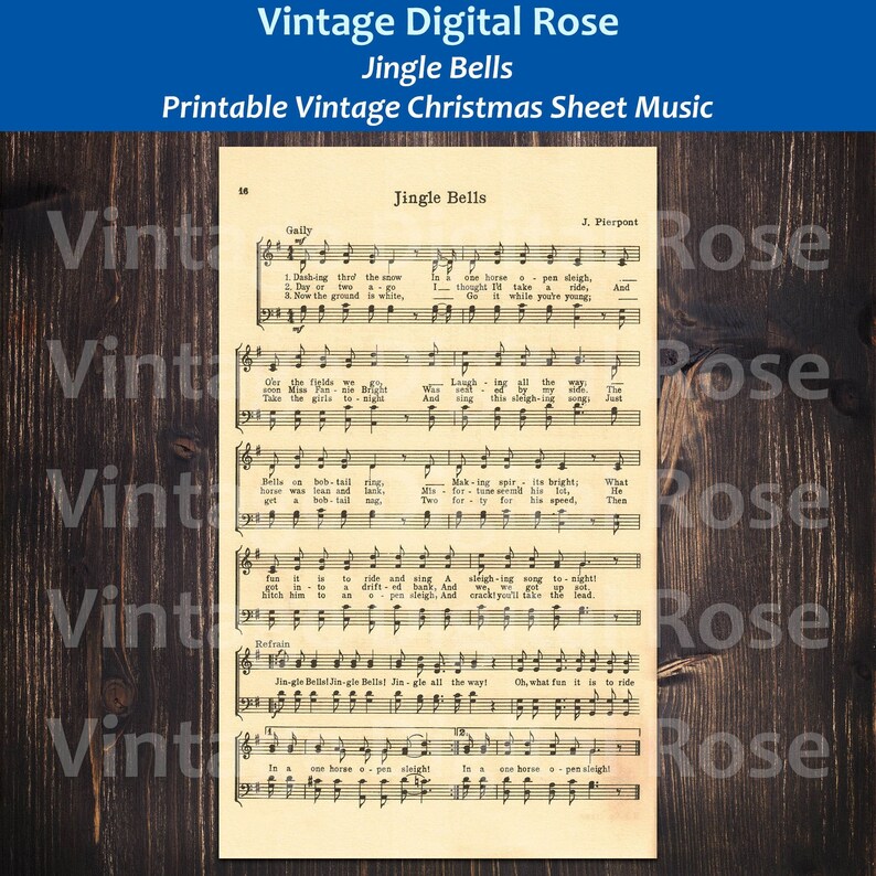 Jingle Bells Printable Vintage Popular Christmas Carol Song Sheet Music ...
