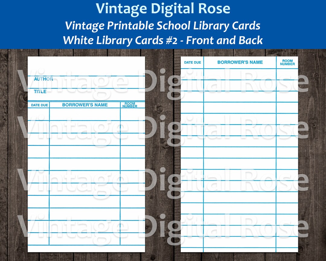 Vintage Printable White School Library Card #2 Front and Back Digital ...