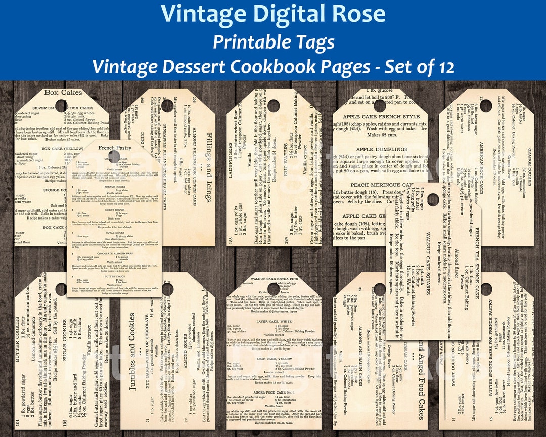 Journal Tags - Vintage Dessert Recipe Cookbook Pages Printable Digital ...