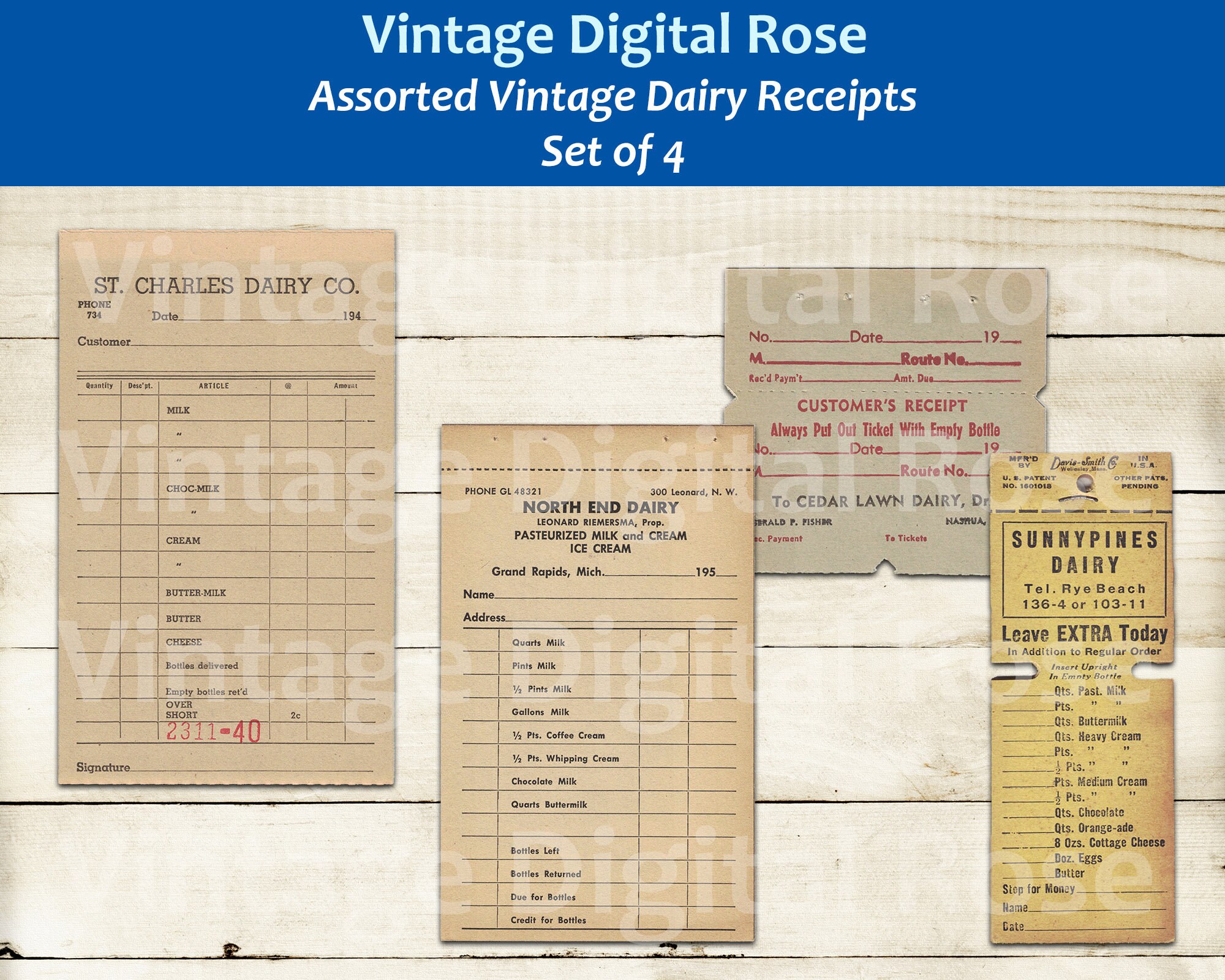 Vintage Printable Dairy Receipts Blank Unused Receipts Set of 4 Four ...