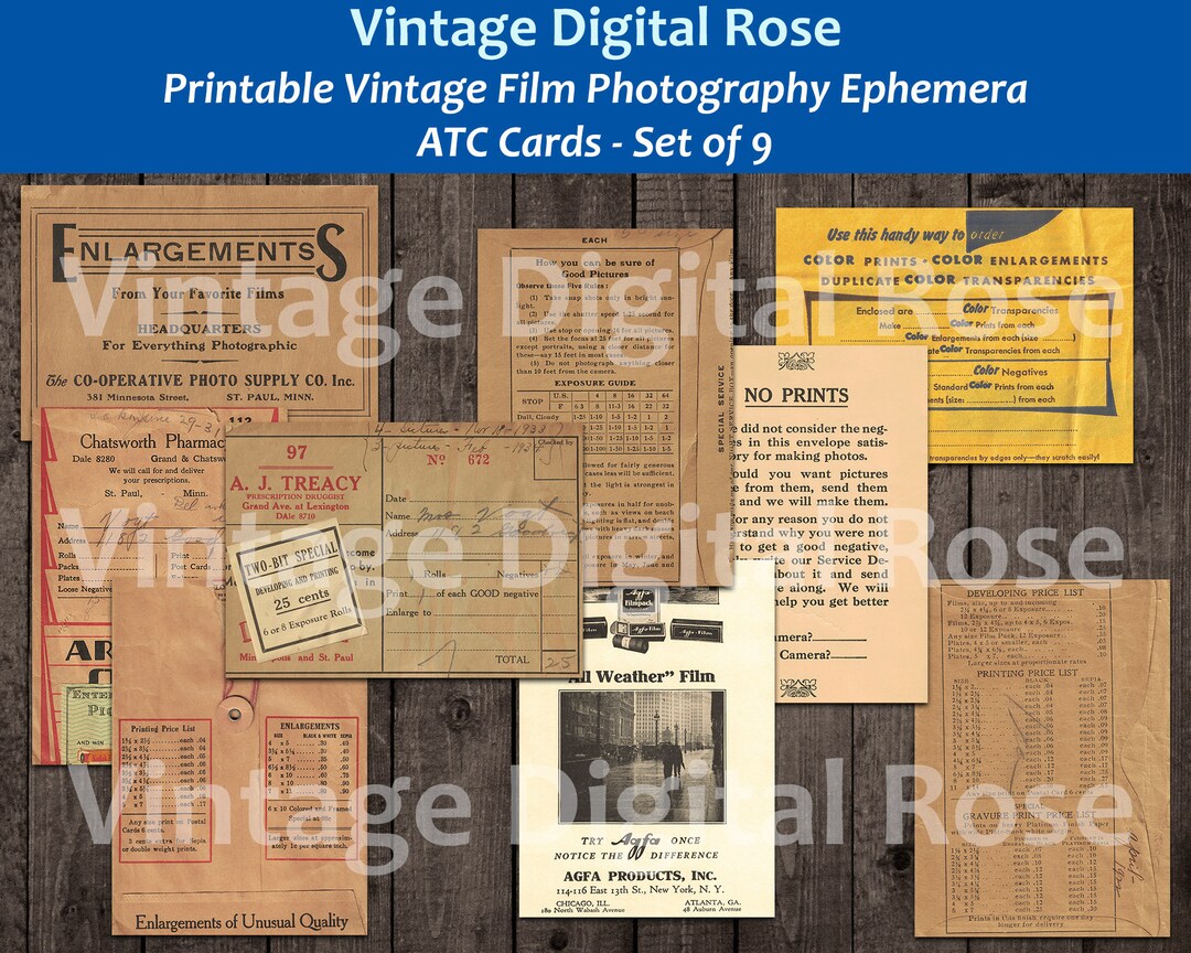 Vintage Film Photography Ephemera ATC Size Journal Scrapbook Cards Set ...