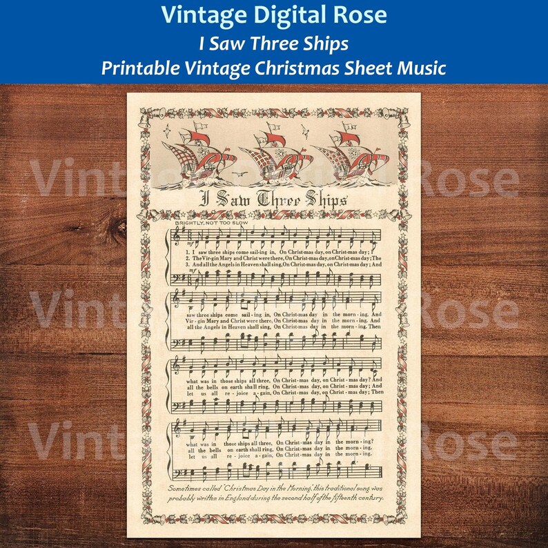 I Saw Three Ships Clear Printable Vintage Christmas Hymn Carol - Etsy