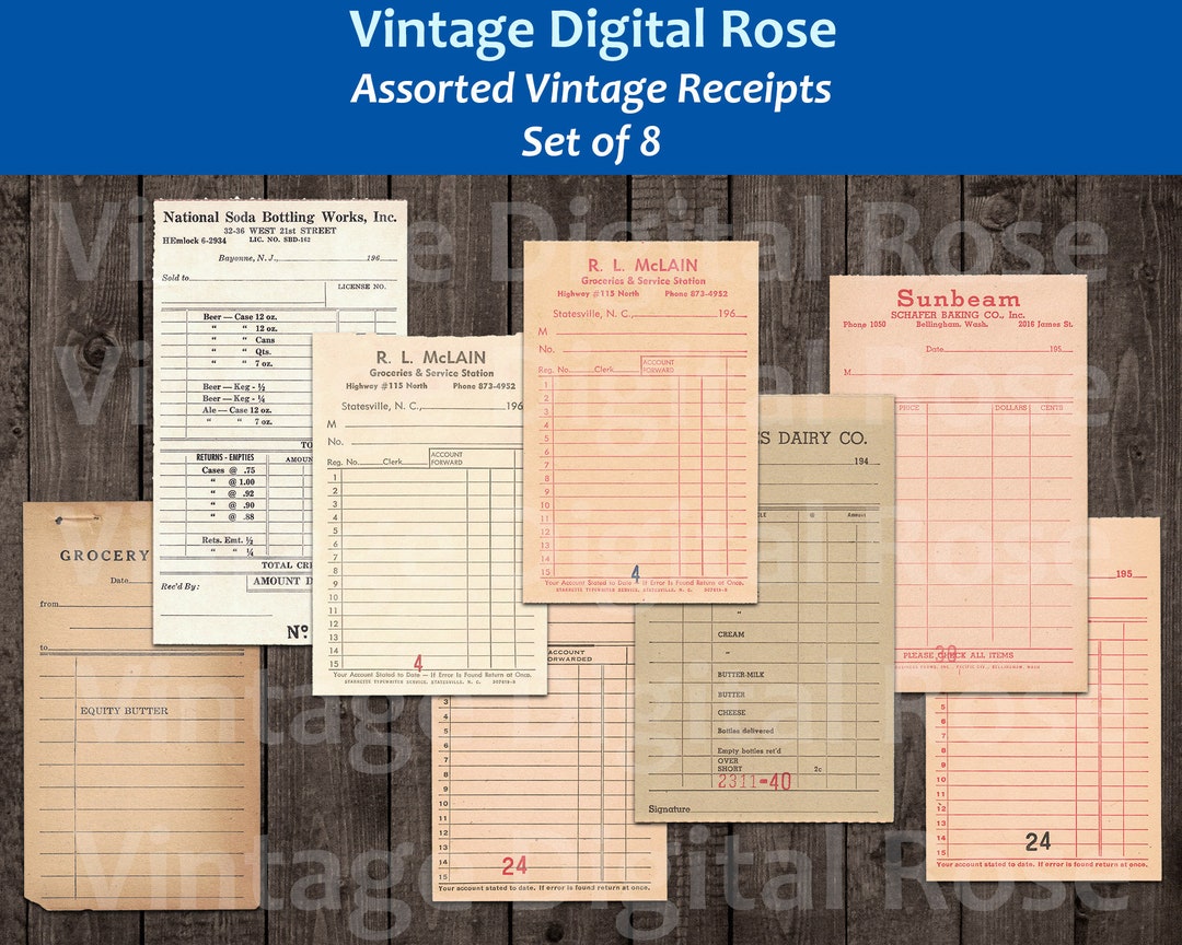 Vintage Printable Receipts Assorted Blank Unused Receipts Set of 8 ...