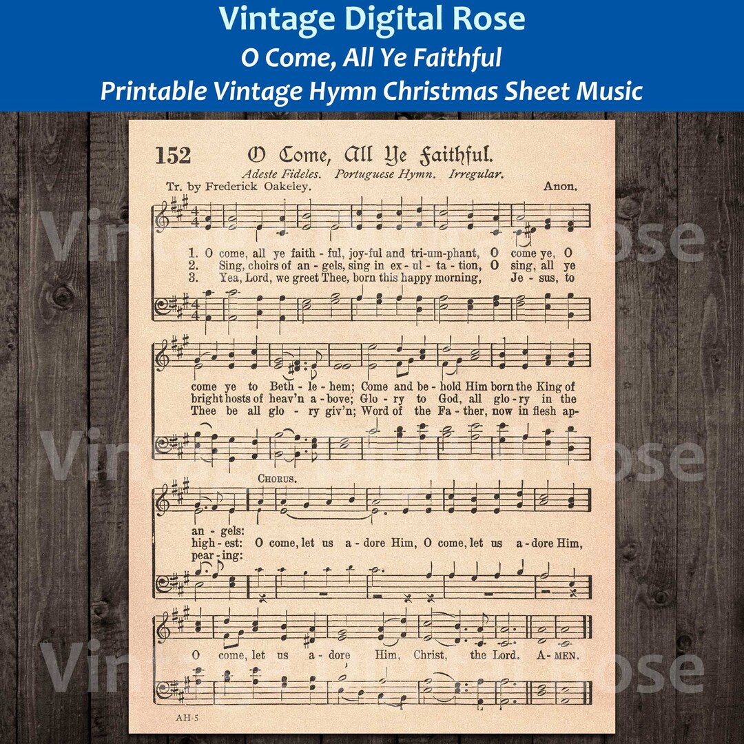 O Come, All Ye Faithful Printable Vintage Christmas Hymn Carol Sheet ...