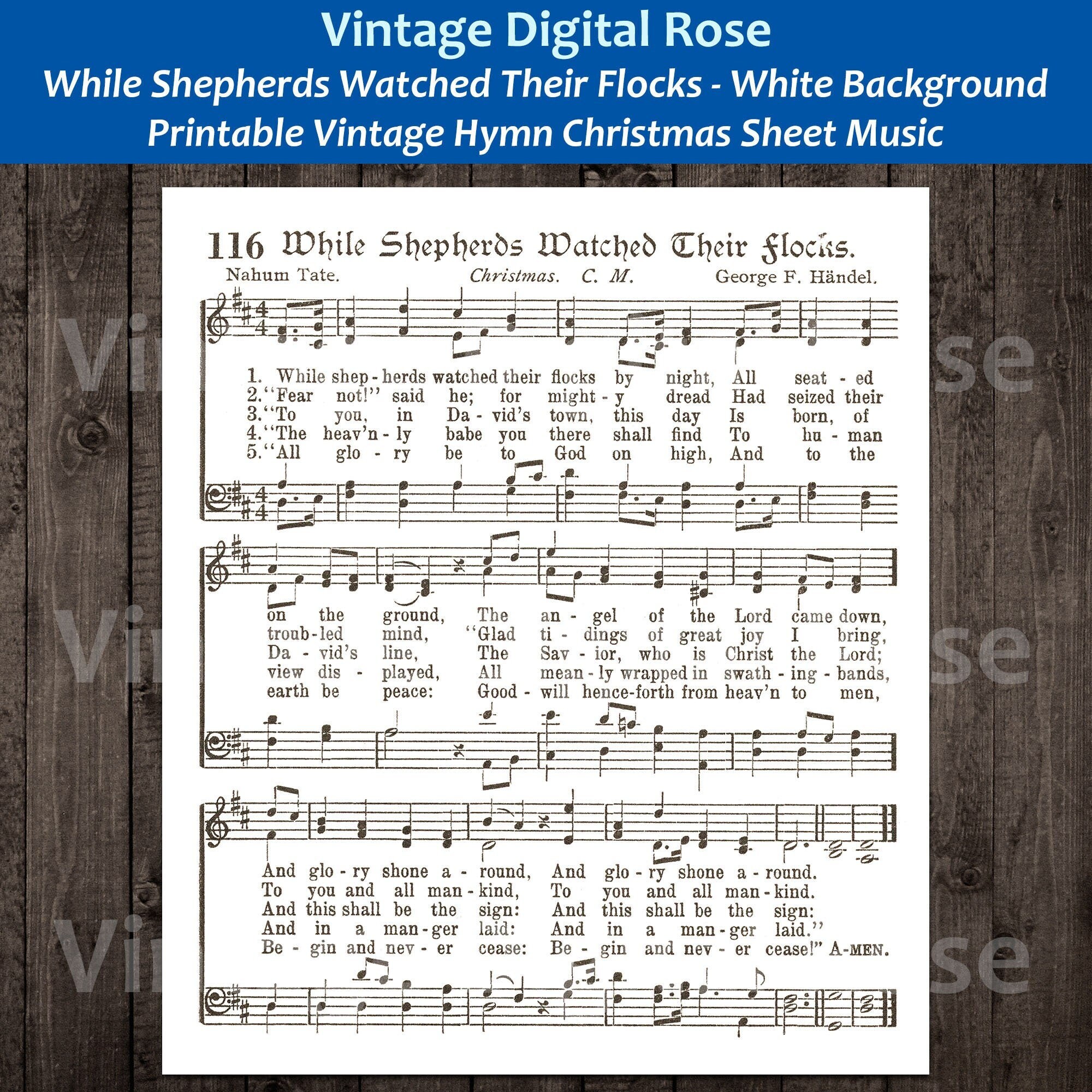 While Shepherds Watched Their Flocks White Background Printable Vintage Christmas Hymn Carol ...