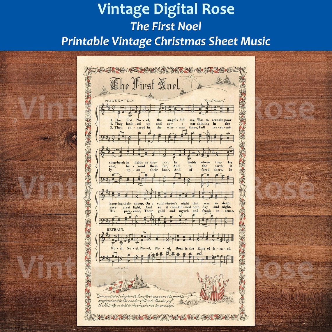 The First Noel Printable Vintage Christmas Hymn Carol Sheet Music Color ...