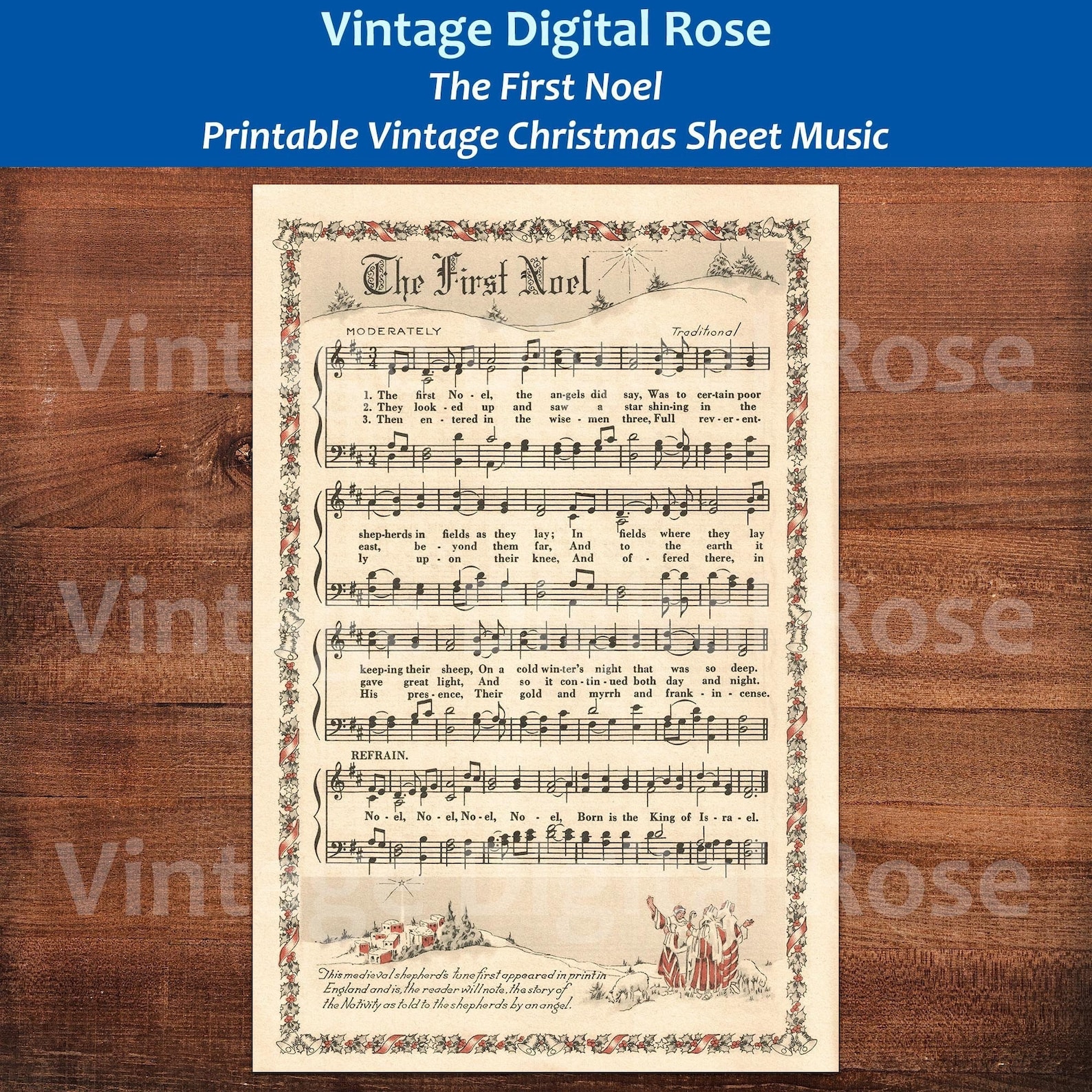 The First Noel Printable Vintage Christmas Hymn Carol Sheet Music Color ...