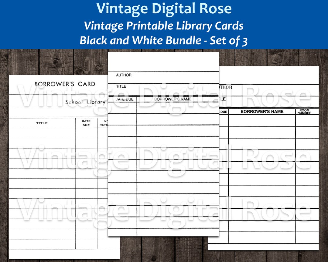 Vintage Printable Library Cards Black and White B&W Set of 3 Three ...