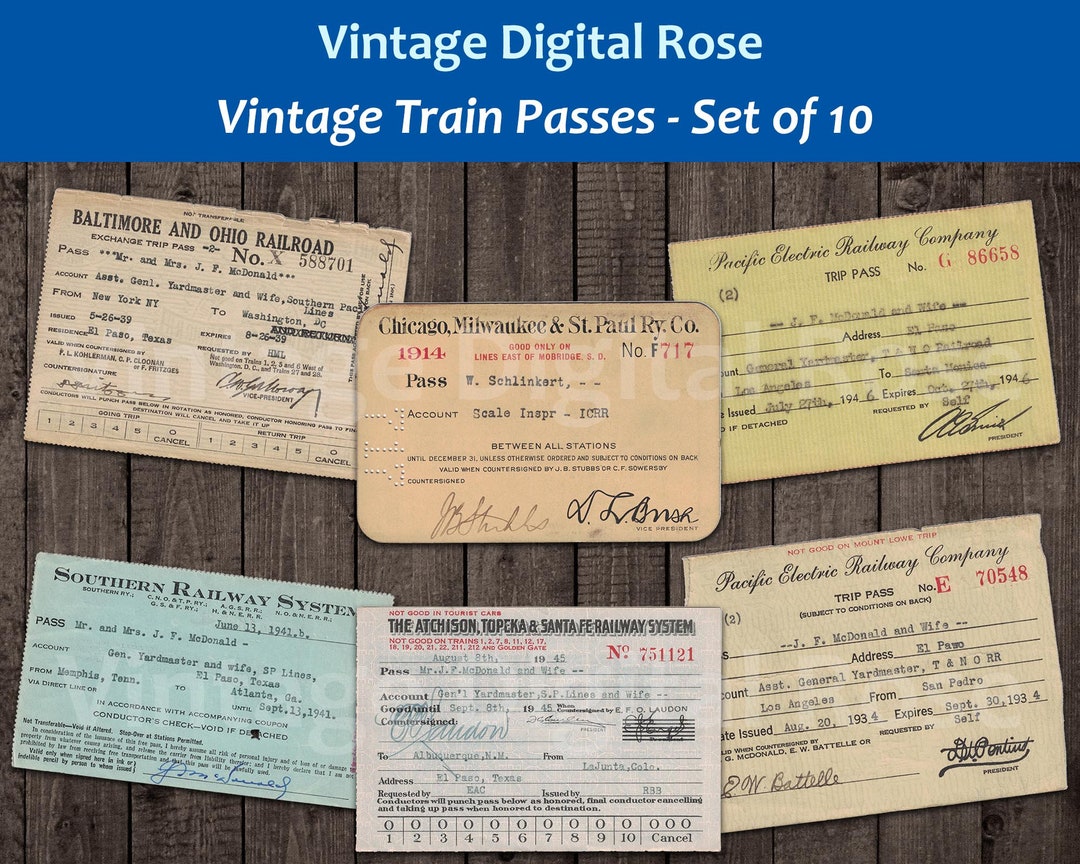 Vintage Printable Vintage Train Passes Railroad Tickets Digital Collage ...