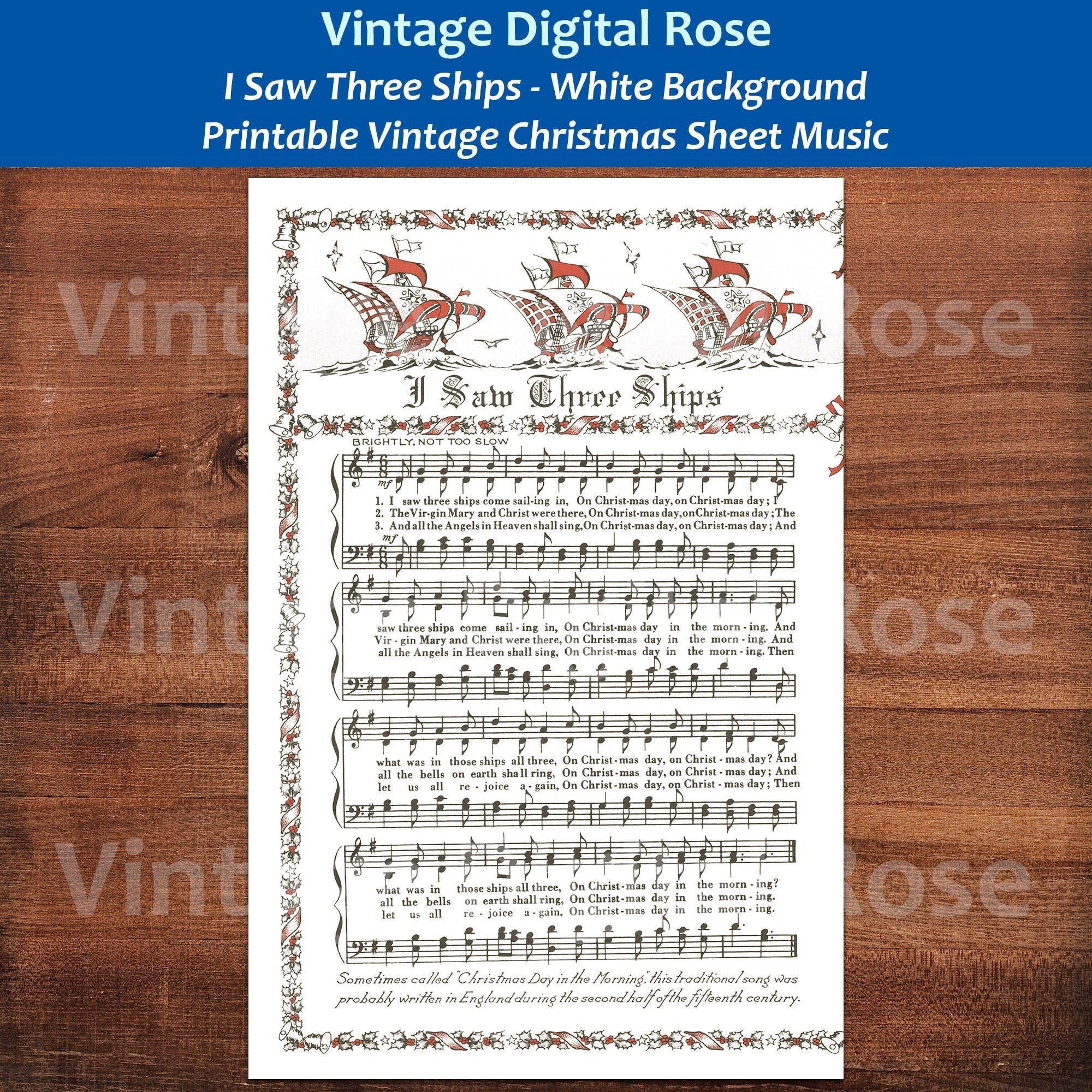 I Saw Three Ships Printable Vintage Christmas Hymn Carol Sheet | Etsy