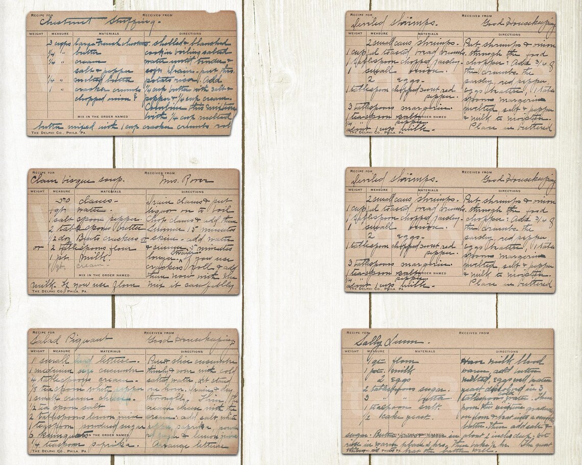 Vintage Printable Handwritten Recipe Cards Digital Collage - Etsy