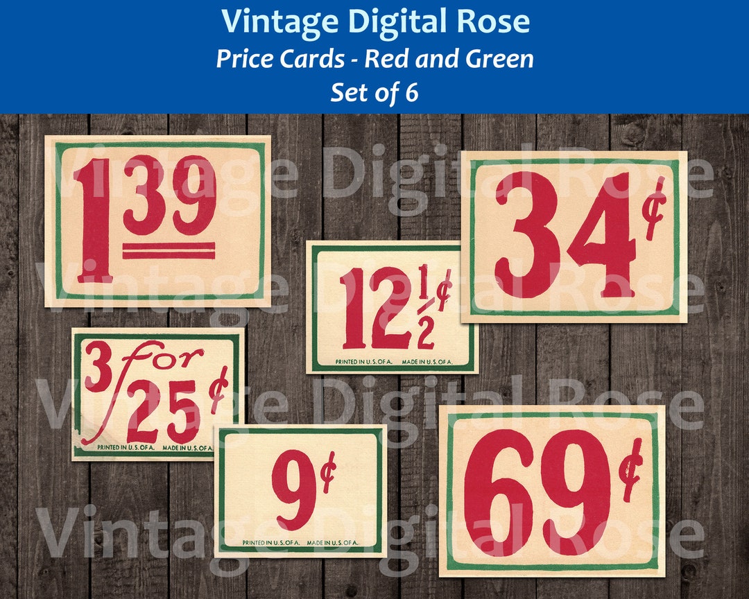 Vintage Price Cards Tags Red and Green - Printable Digital Cards - Set ...
