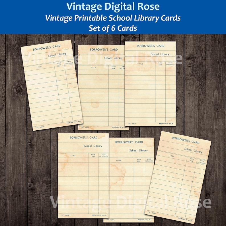 Vintage Printable Beige School Library Cards With Blue Lines | Etsy