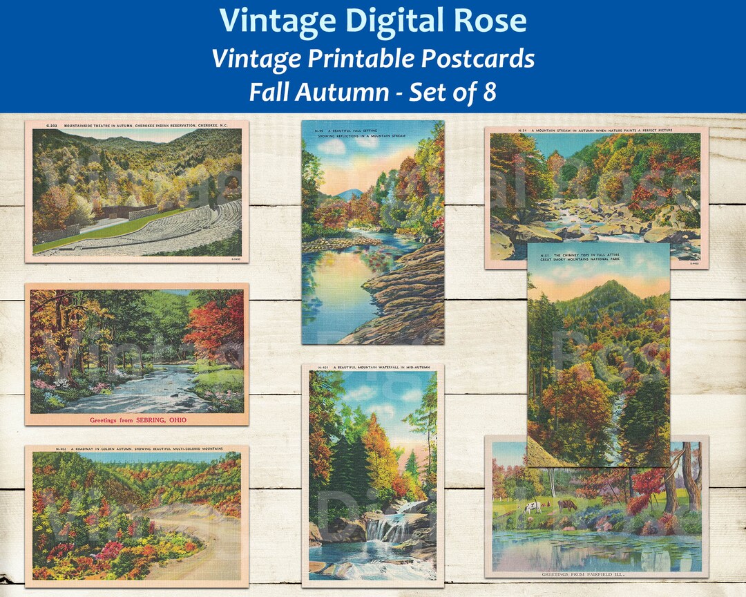 Fall Autumn Vintage Printable Postcards Set of 8 Cards - Etsy