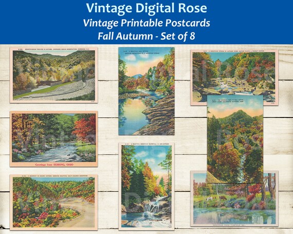 Fall Autumn Vintage Printable Postcards Set of 8 Cards | Etsy