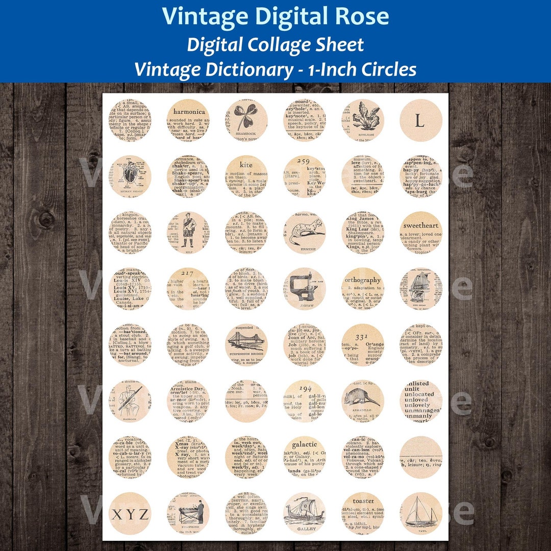 Vintage Dictionary - Digital Collage Sheet - 1 Inch Circles - Etsy