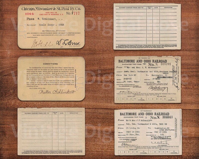 Vintage Printable Vintage Train Passes Railroad Tickets Digital Collage ...