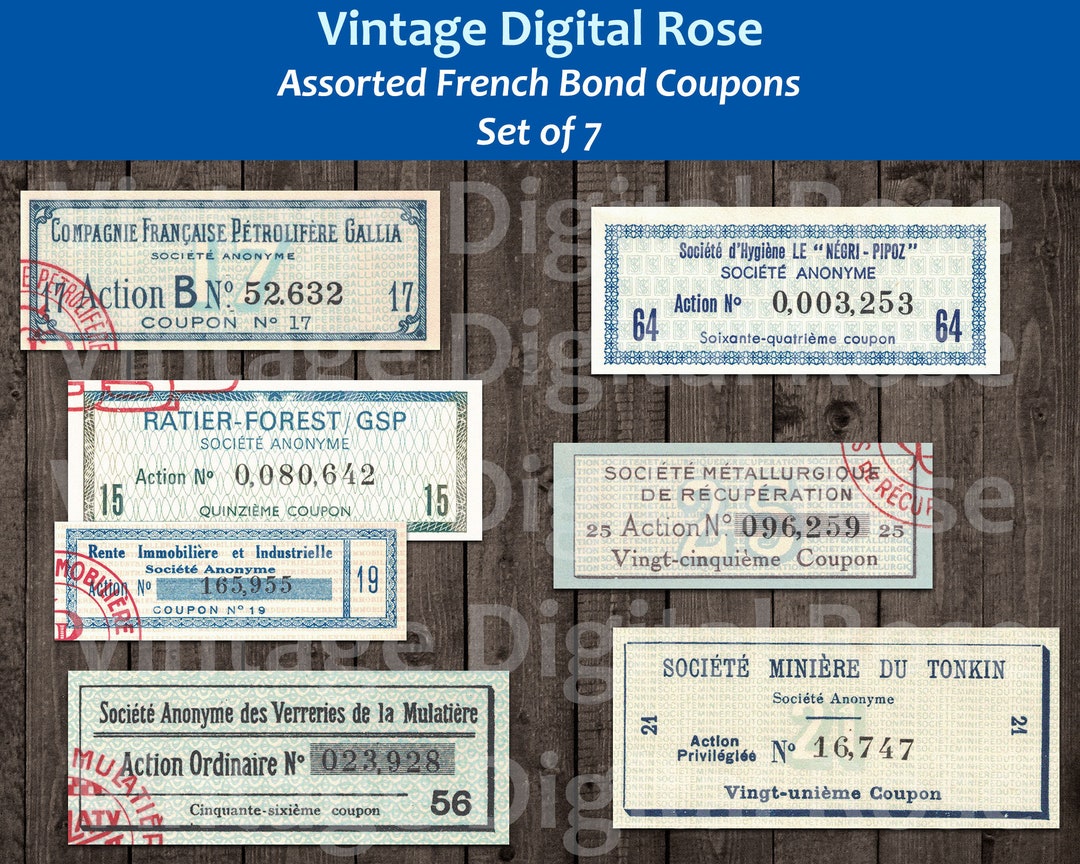 Vintage Printable French Bond Coupons Assorted Blue Neutral Collage ...
