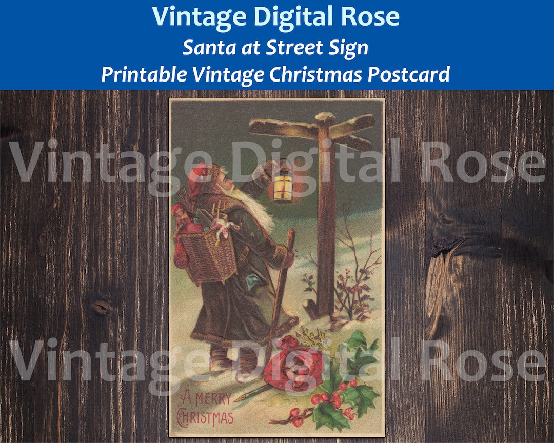 Vintage Printable Digital Christmas Postcard Santa at Street Sign Snowy ...