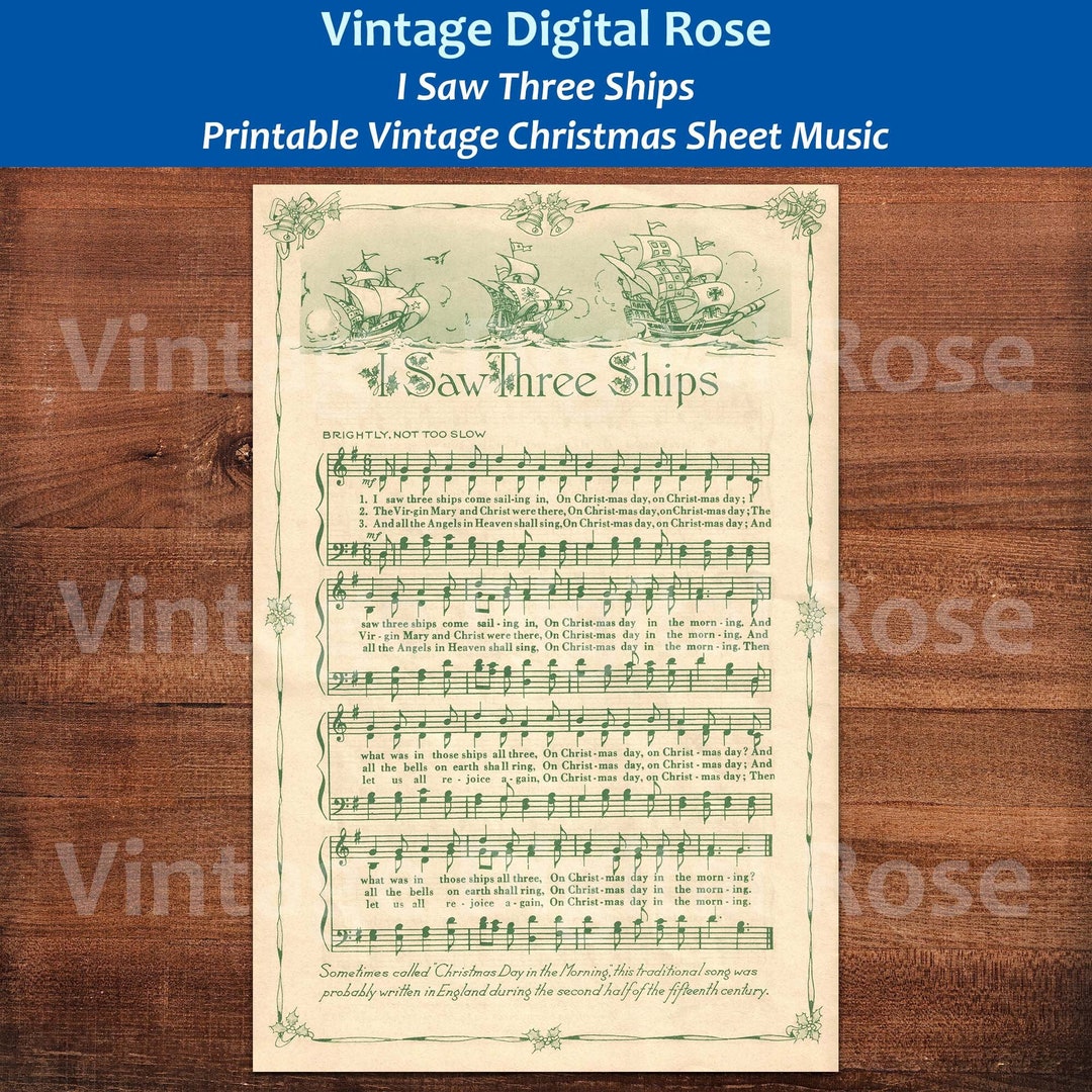 I Saw Three Ships Printable Vintage Christmas Hymn Carol Sheet Music ...