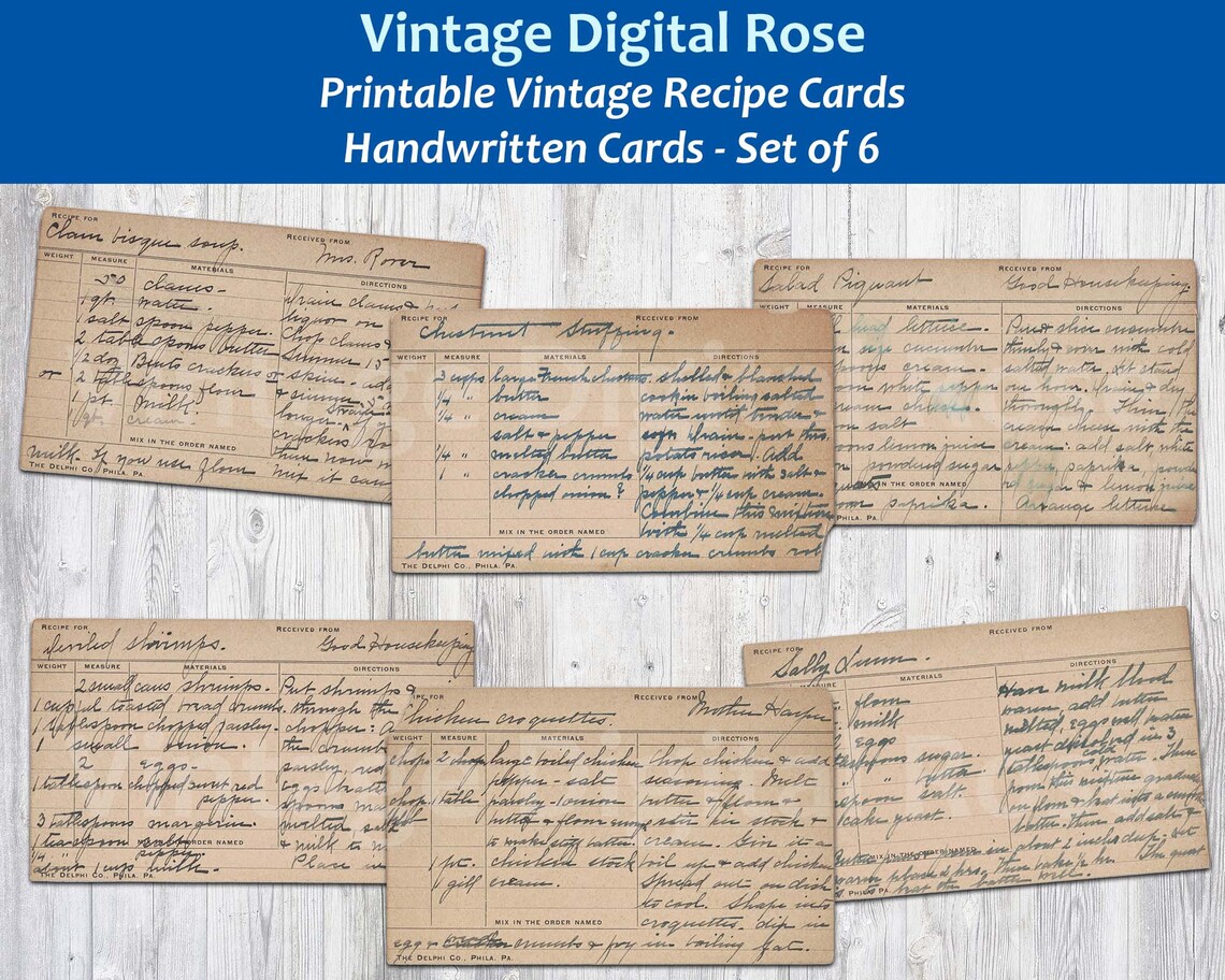 Vintage Printable Handwritten Recipe Cards Digital Collage Sheet PNG ...