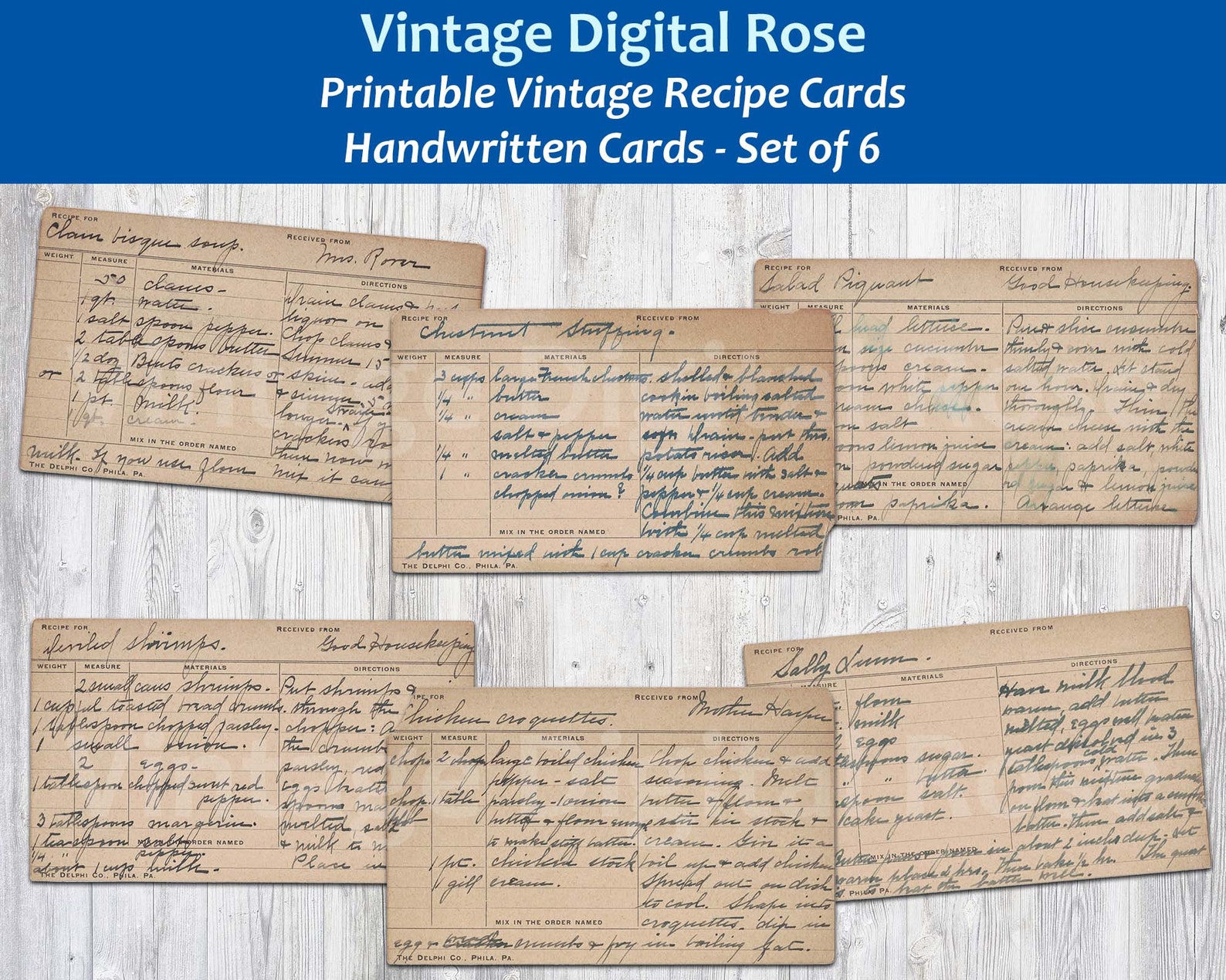 Vintage Printable Handwritten Recipe Cards Digital Collage Sheet PNG ...