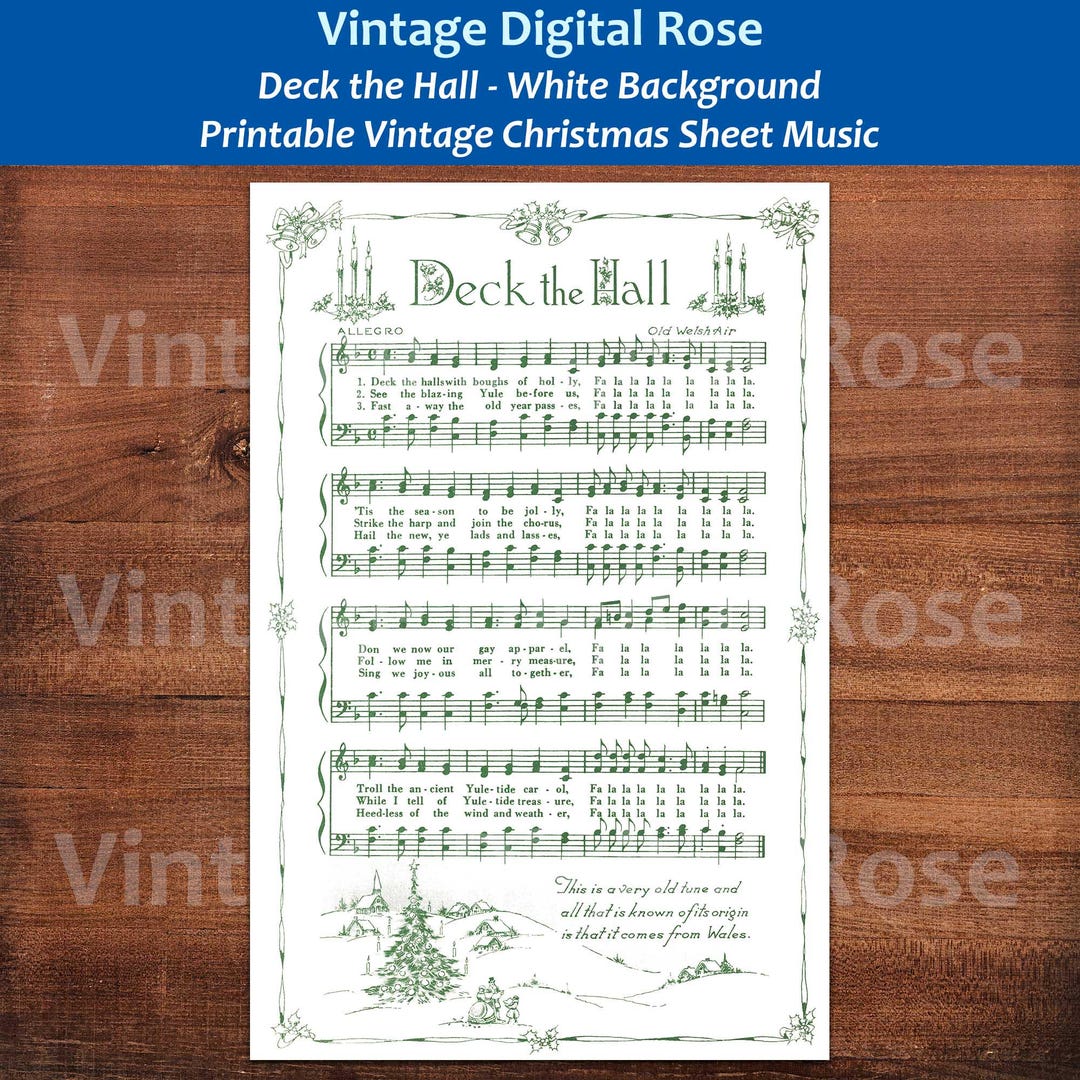 Deck the Hall Halls Printable Vintage Christmas Hymn Carol Sheet Music ...