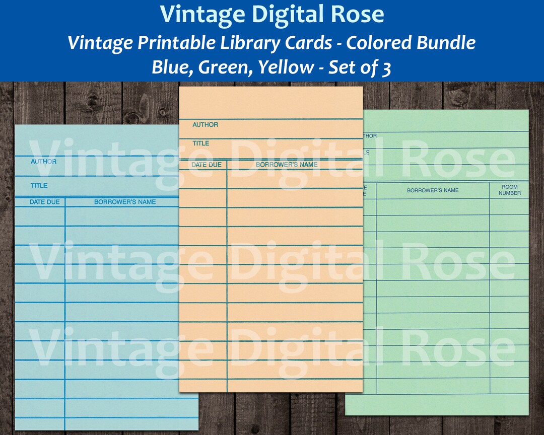 Vintage Printable Library Cards Yellow Green Blue Set of 3 Three Cards ...