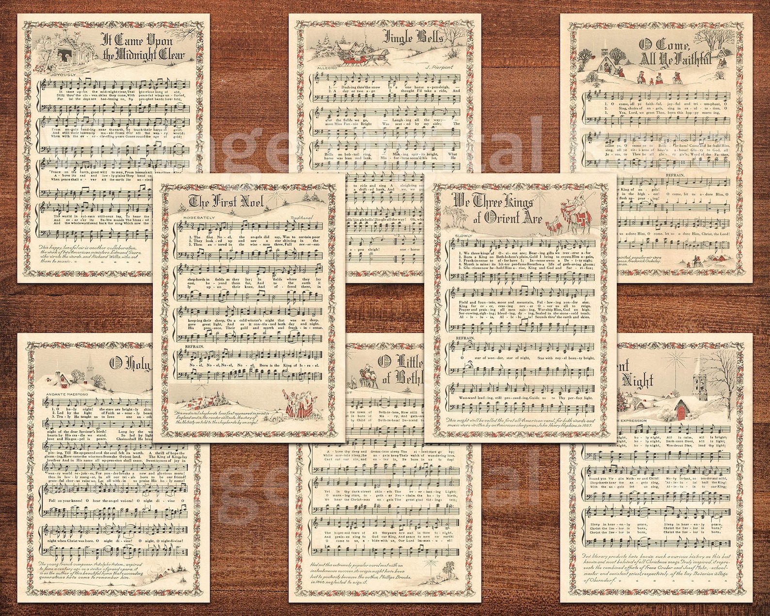 Printable Vintage Christmas Carols Color Illustrations Popular Songs ...