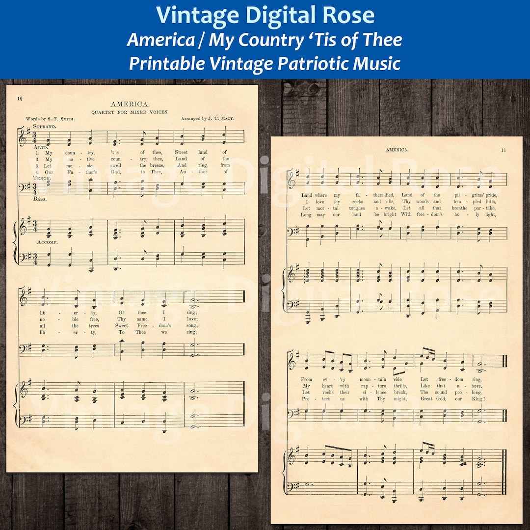 America My Country 'tis of Thee Printable Vintage Patriotic Sheet Music ...