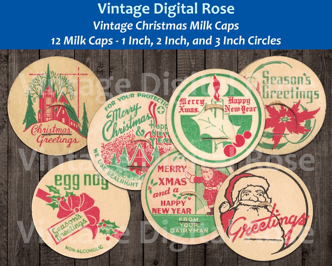 Printable Vintage Christmas Milk Caps - Set of 12 Milk Caps - 1" Inch 2 ...