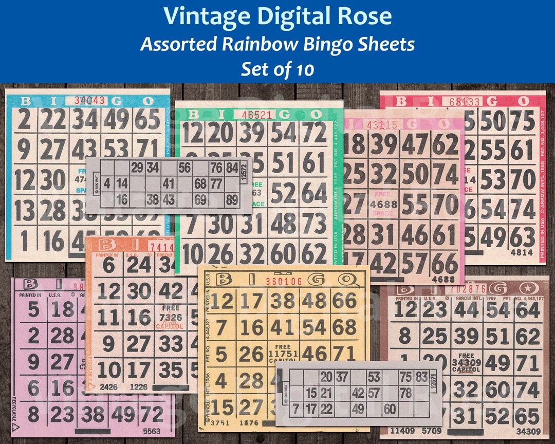 Vintage Printable Rainbow Bingo Cards Set of 10 Ten Cards Assorted ...