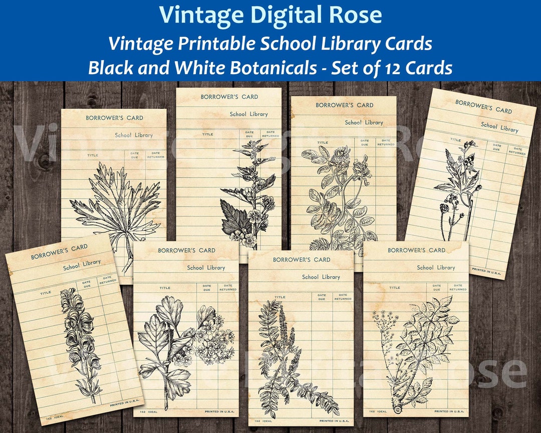 Vintage Printable School Library Cards Black and White Botanical ...