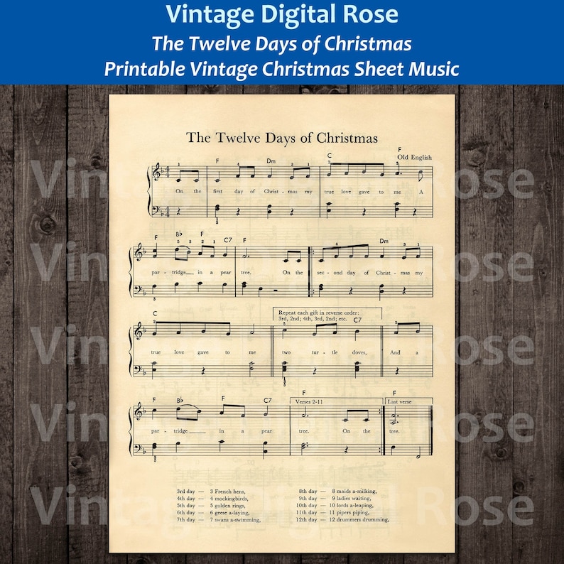 The Twelve Days of Christmas Printable Vintage Popular Christmas Song ...