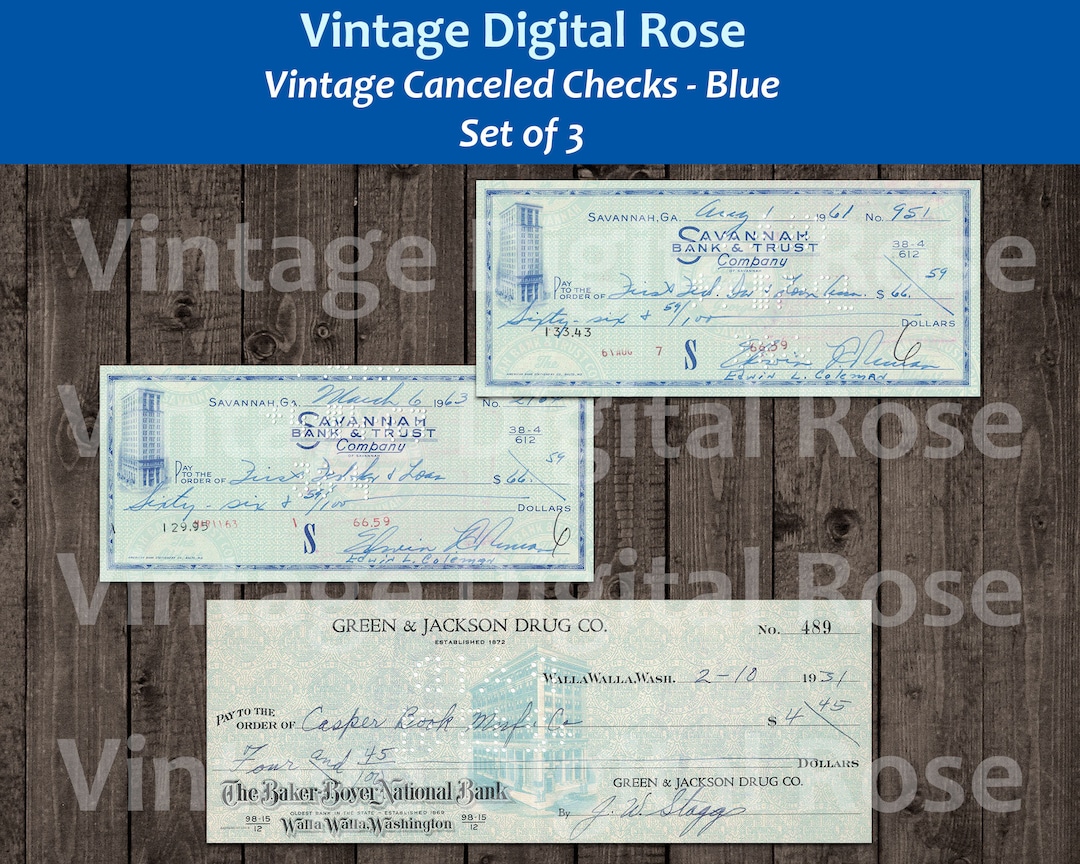 Vintage Printable Canceled Checks Blue 1930s and 1960s - Set of 3 ...