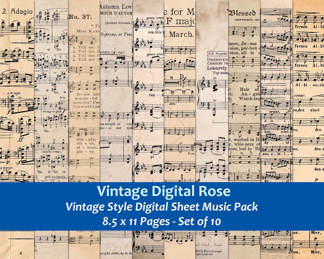 Vintage Style Sheet Music Digital Pages - 10 8.5x11 Printable Antiqued ...