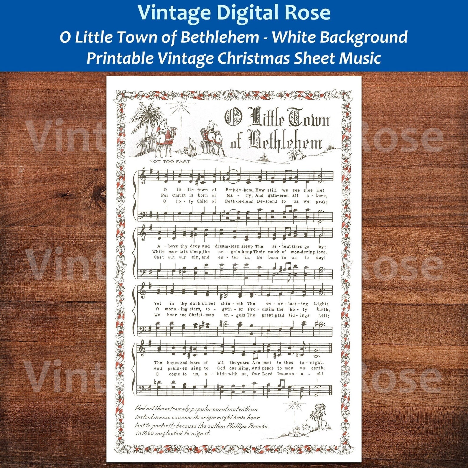O Little Town of Bethlehem Printable Vintage Christmas Hymn Carol Sheet ...