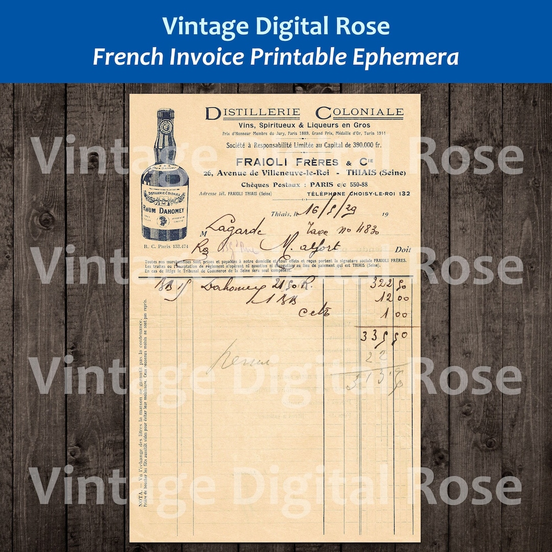 Vintage French Invoice Receipt Distillerie Coloniale 1929 Distillery ...