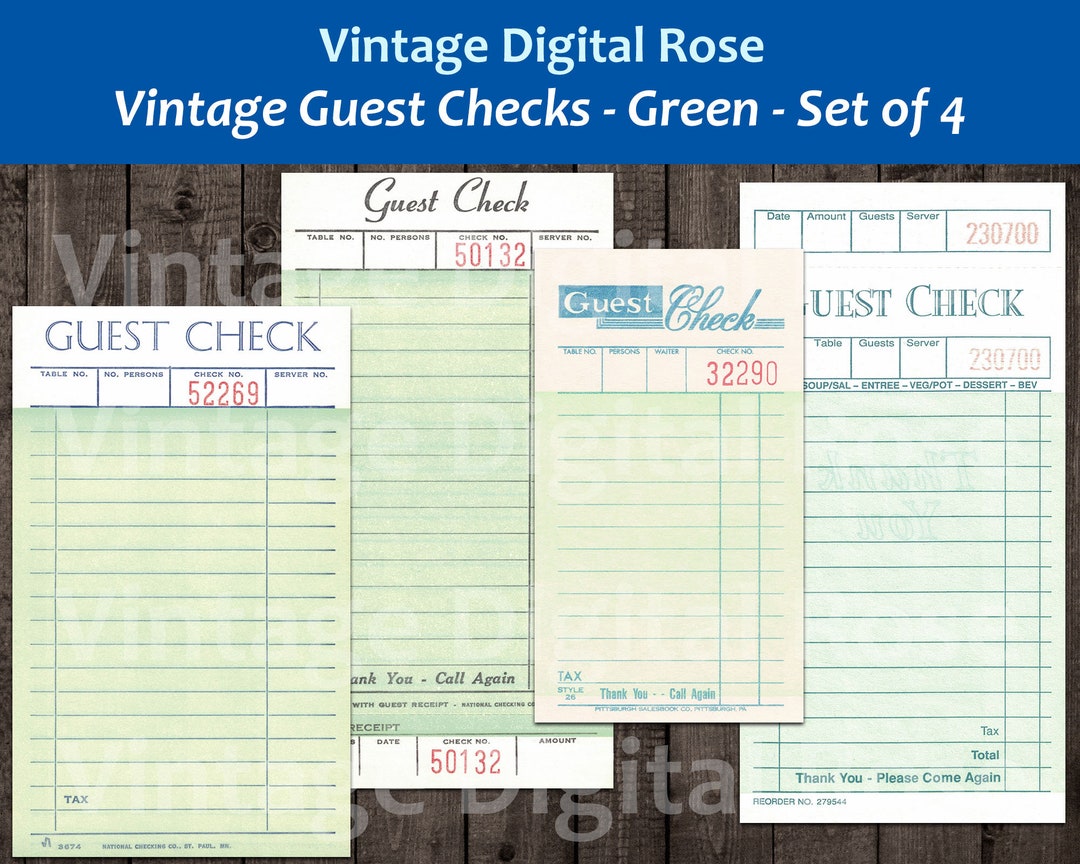 Vintage Printable Guest Checks Green Blank Unused Receipts Set of 4 ...