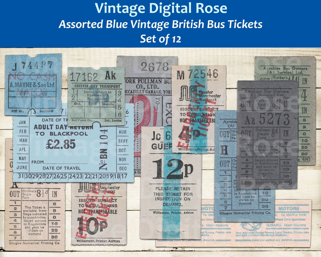 Vintage Printable British Bus Tickets Blue Neutral Digital Collage ...