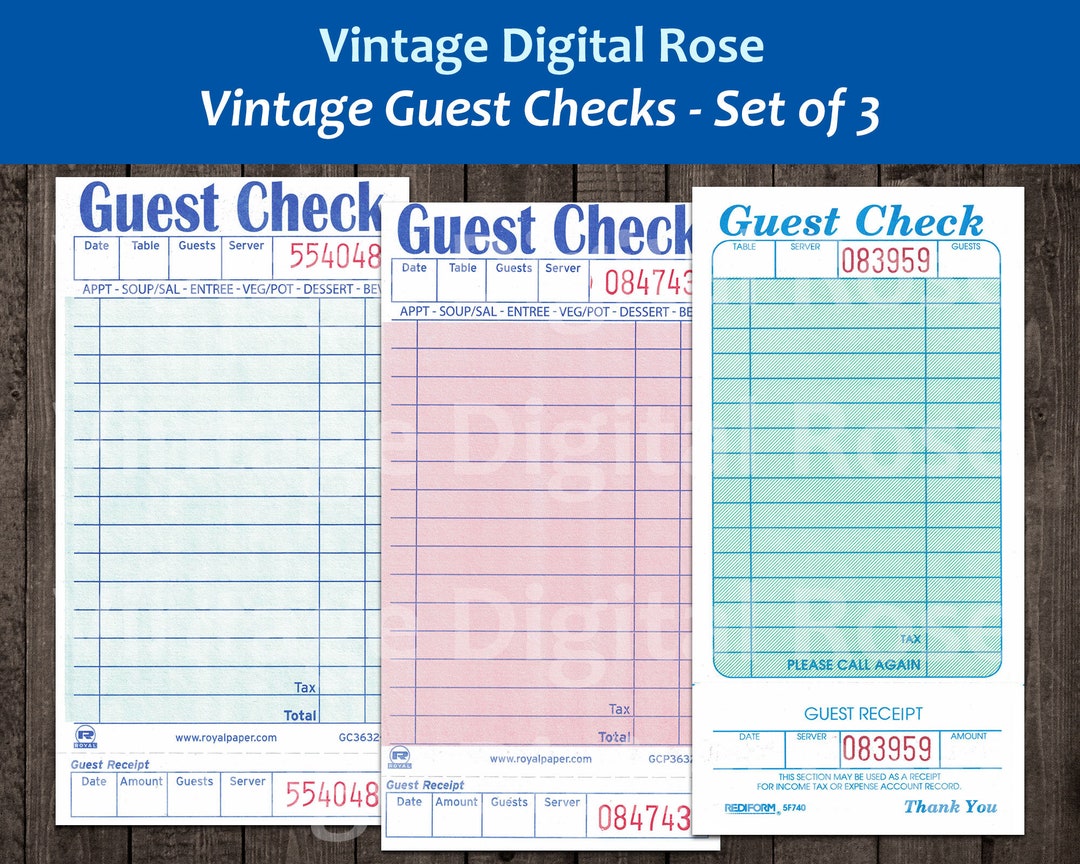 Vintage Printable Guest Checks Blank Unused Receipts Set of 3 Three ...