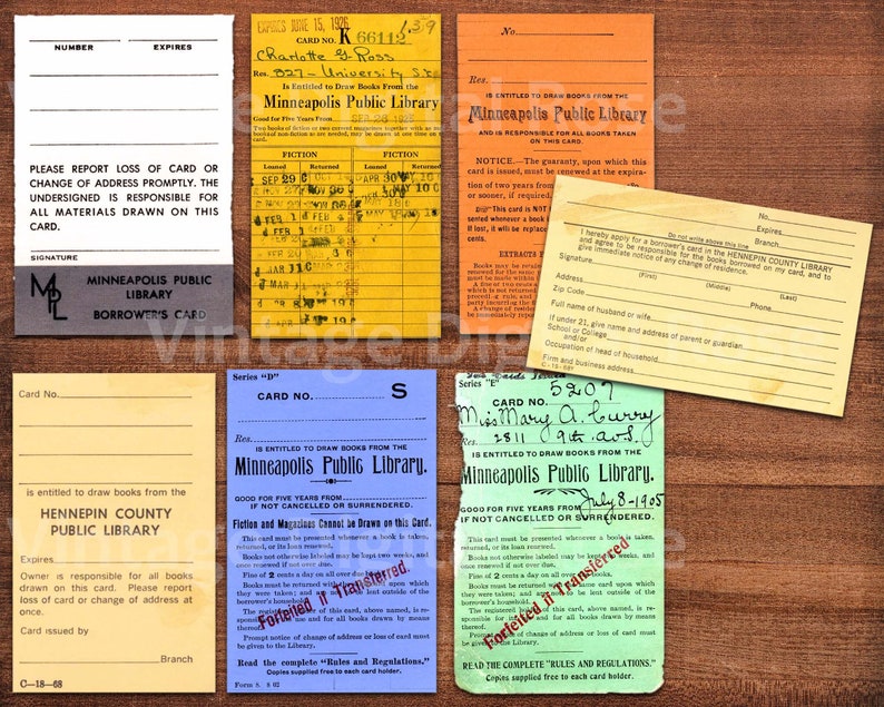 Vintage Printable Public Library Cards Minneapolis Hennepin - Etsy
